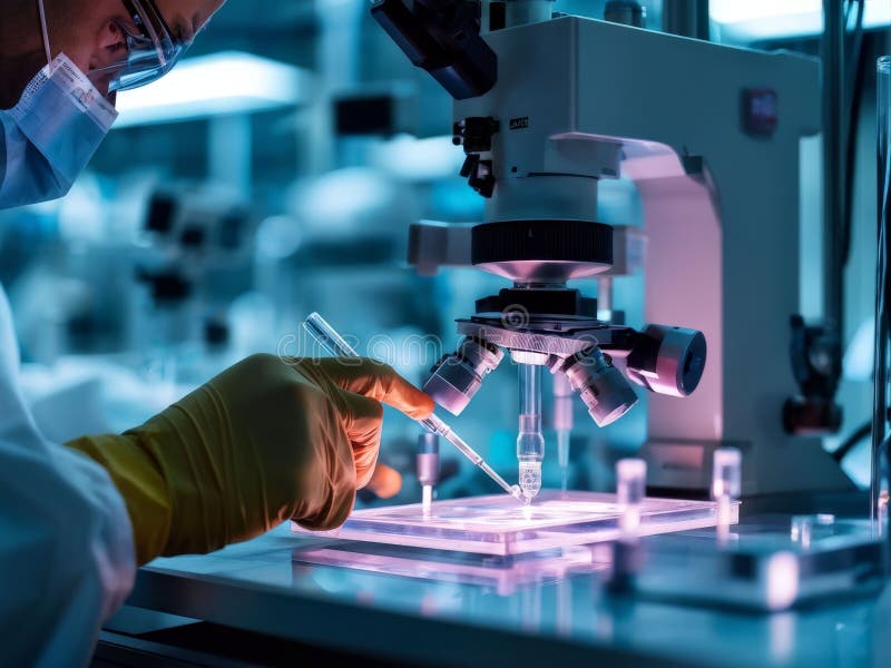 Scientist Using Microscope To Make Liquid in Laboratory. Stock ...