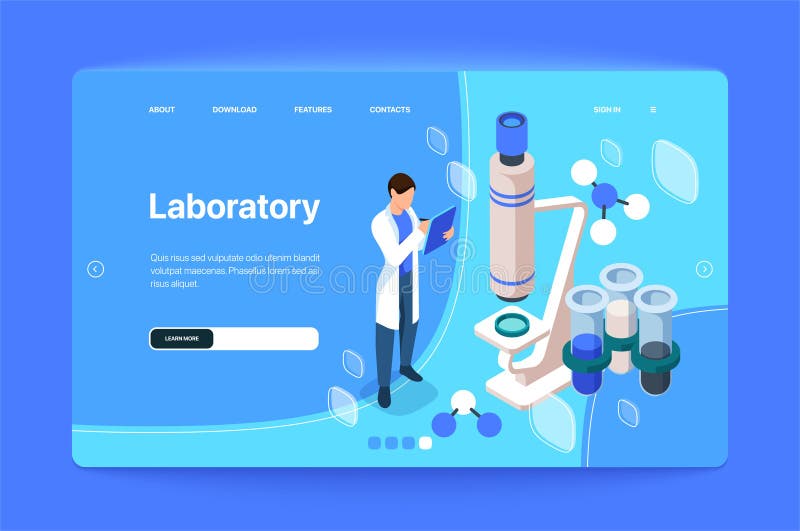 Scientist Using a Tablet with a Microscope and Test Tubes on a Blue ...