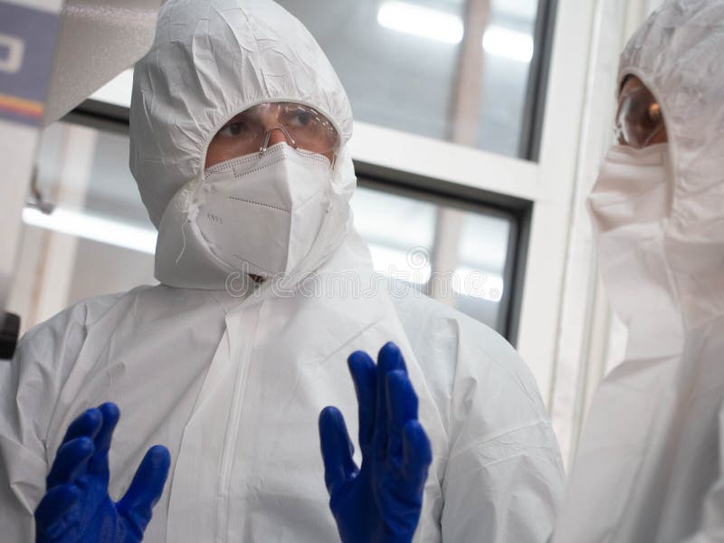 Scientist Wear White Uniform Glove Talk Speak Discussion Developer ...