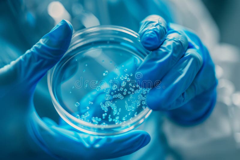 A Scientist Wearing Blue Gloves Holding a Petri Dish with Bacteria or ...