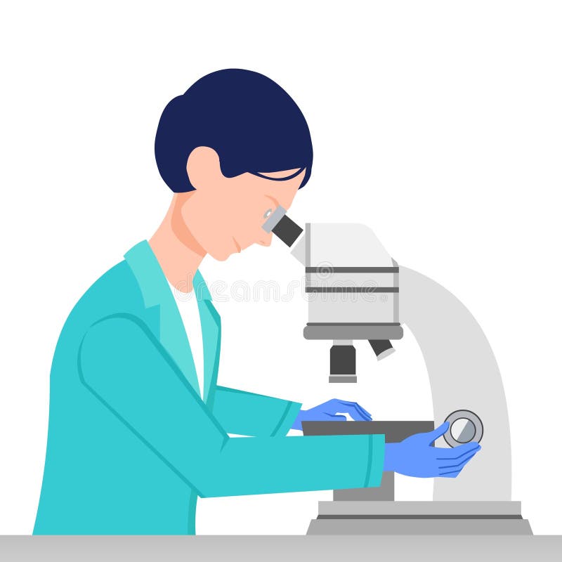 A Scientist Wearing a Blue Lab Coat and Gloves Closely Examines a ...