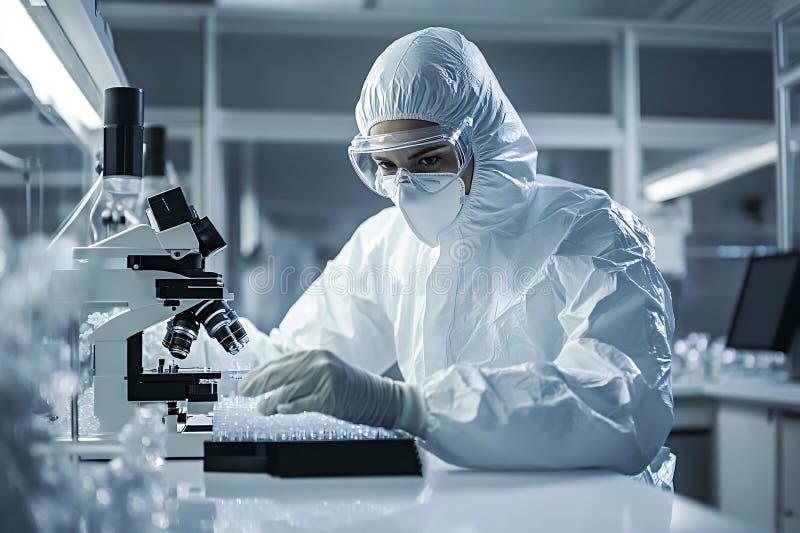 Scientist Wearing Hazmat Suit Working with Microscope in Laboratory ...