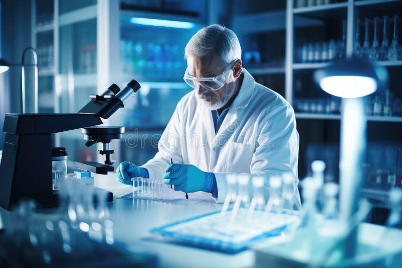 A Scientist Wearing a Lab Coat and Goggles is Focused on His Work ...