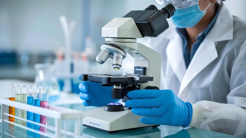 A Scientist Wearing a Lab Coat, Mask, and Blue Gloves Operates a ...