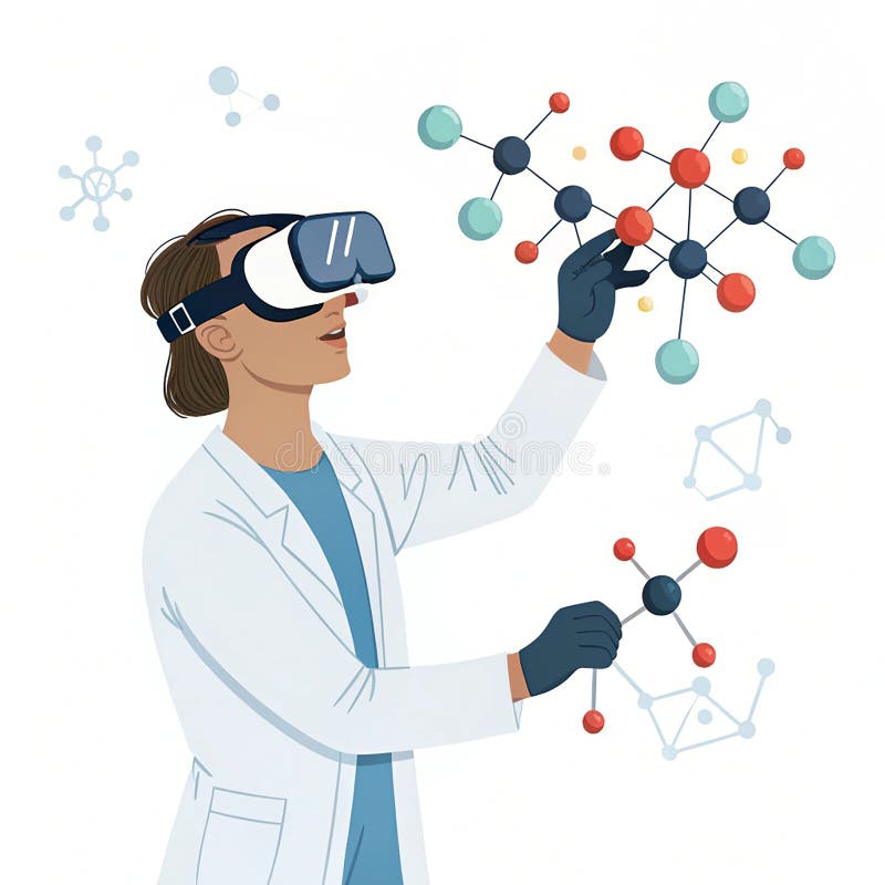 Scientist Wearing VR Goggles for Molecular Modeling Stock Illustration ...