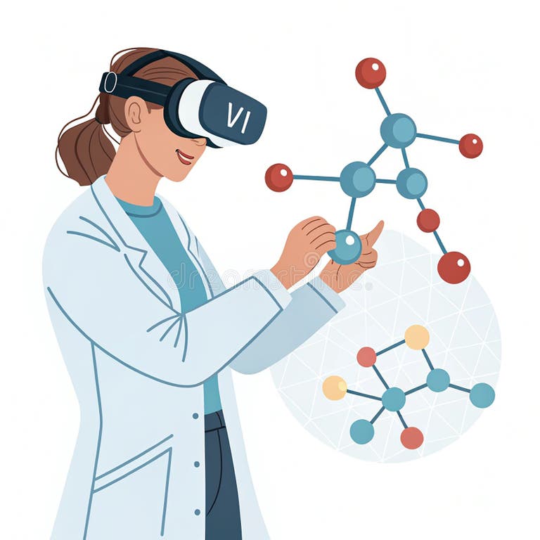 Scientist Wearing VR Headset for Molecular Modeling Stock Illustration ...