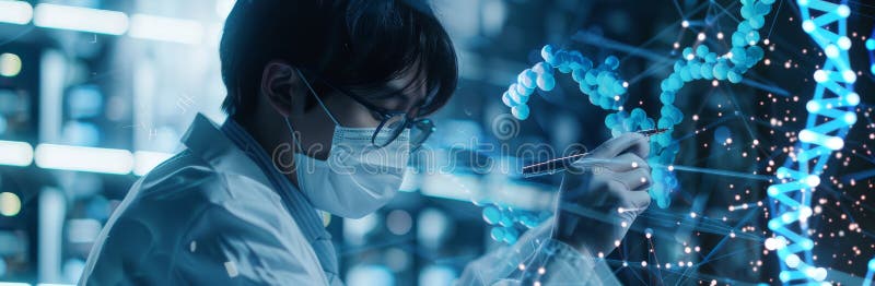 Scientist in a Lab Coat and Mask Analyzing DNA Sequences in a Modern ...