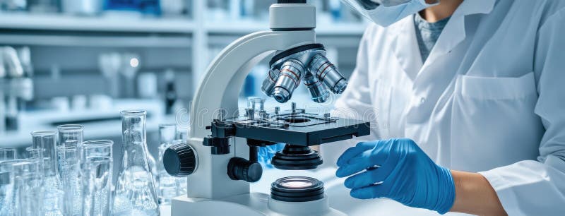 Scientist in White Coat Conducts Research Using Microscope while ...