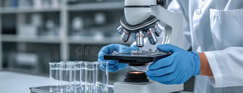 Scientist in White Coat Conducts Research Using Microscope while ...
