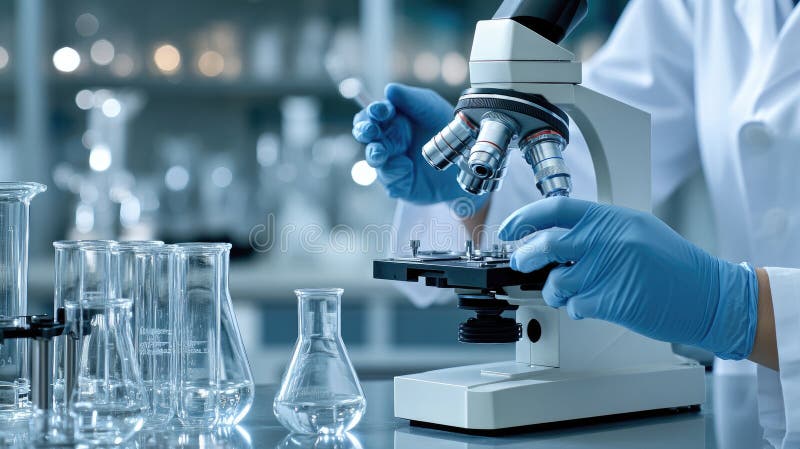 Scientist in White Coat Conducts Research Using Microscope while ...