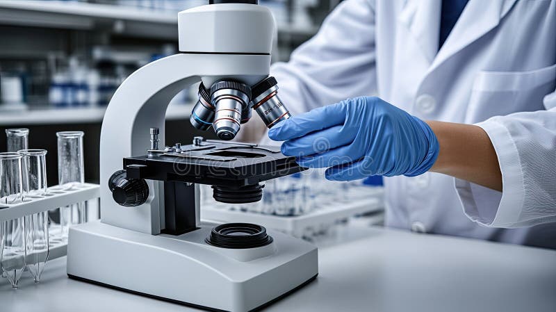 Scientist in White Coat Conducts Research Using Microscope while ...