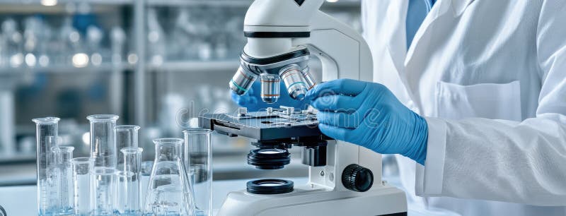 Scientist in White Coat Conducts Research Using Microscope while ...