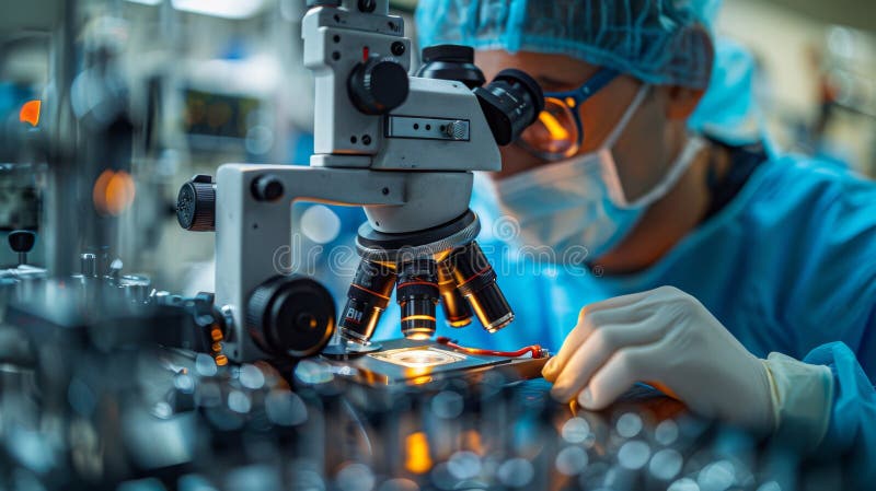 A Scientist in a White Coat is Looking through a Microscope in a ...