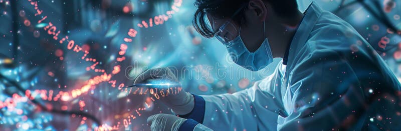 Scientist in White Coat and Mask Conducting Research in Futuristic Lab ...