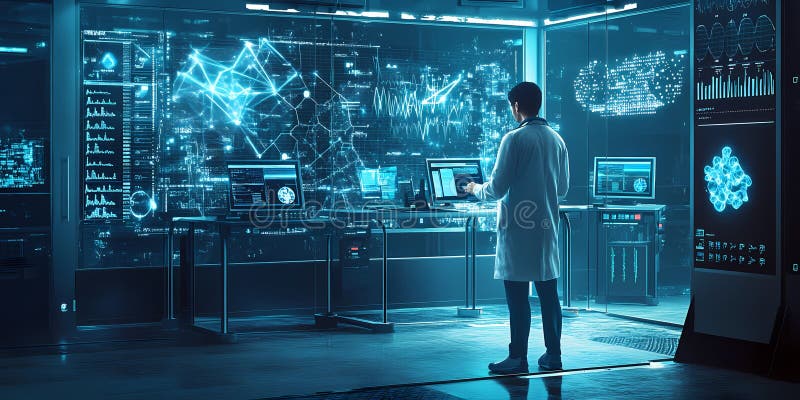 A Scientist in a White Coat Studies Glowing Digital Data on Large ...