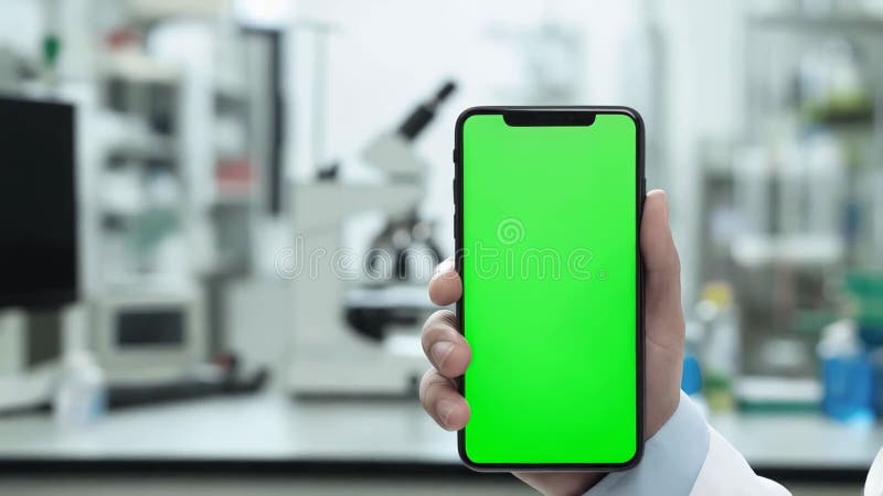 Scientist in White Lab Coat Demonstrating Green Screen Smartphone ...