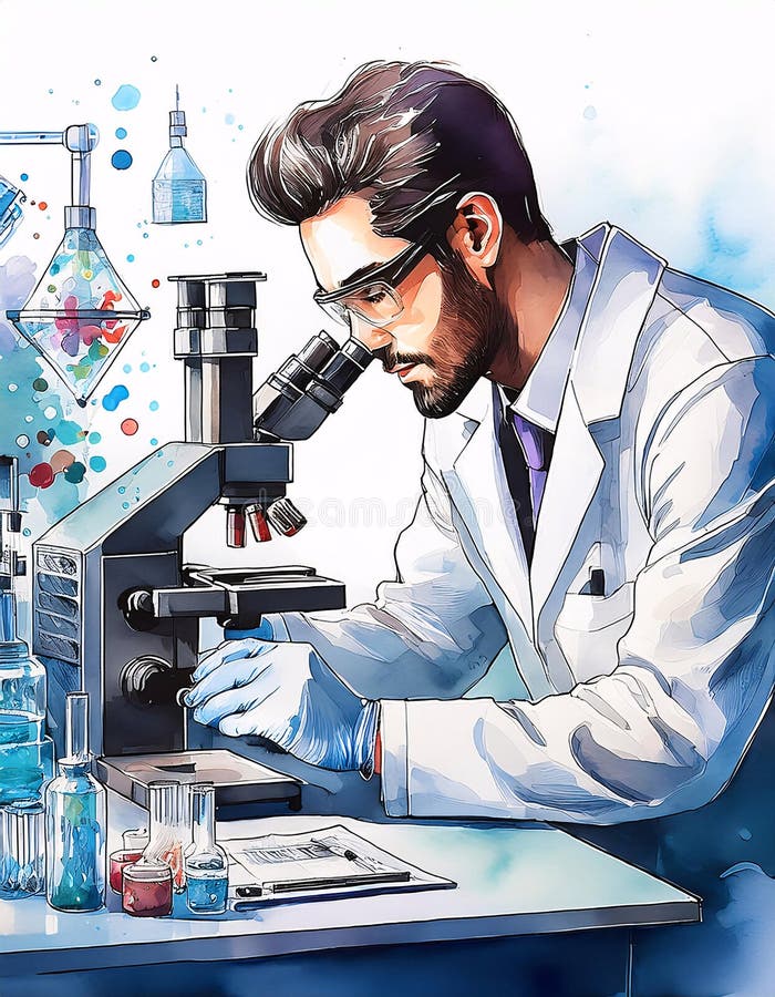 A Scientist in a White Lab Coat Examines a Sample Under a Microscope in ...