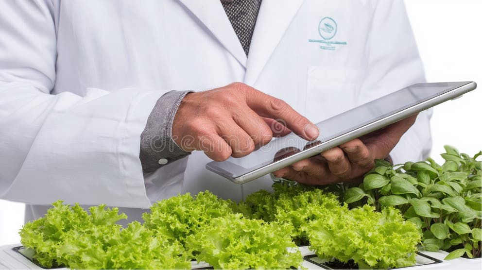 Scientist in Laboratory Using Tablet To Monitor Growing Lettuce and ...
