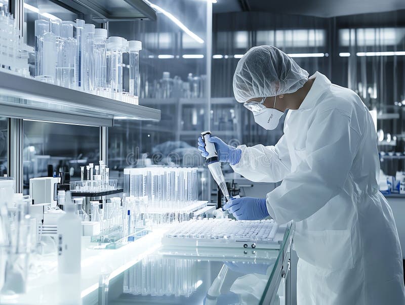 A Scientist in a White Lab Coat and Protective Gear Works with a ...