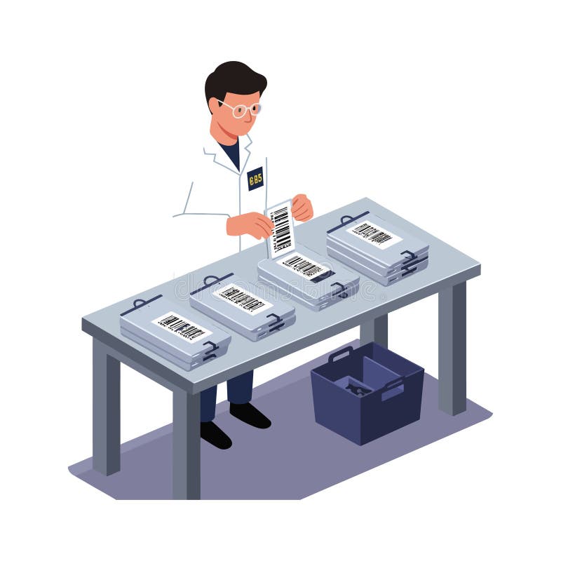 Scientist in White Lab Coat Sorting Printed Barcode Sheets on Metal ...