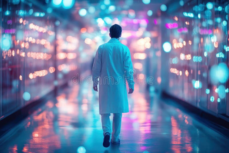 A Scientist in a White Lab Coat Strolls through a Captivating Lab ...