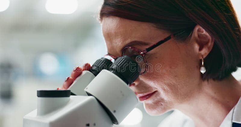 Scientist, Woman and Microscope at Lab in Closeup for Analysis of ...