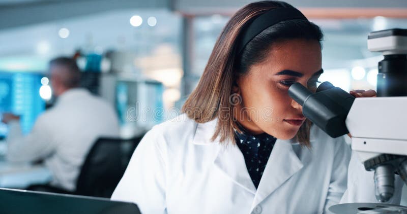 Scientist, Woman and Microscope in Lab, Study and Process for Medical ...