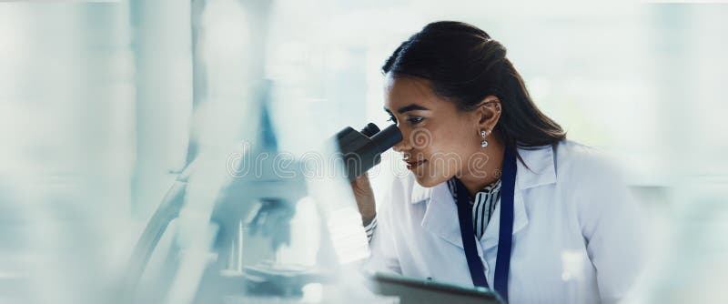 Scientist, Woman and Tablet with Microscope for Forensic, Testing and ...