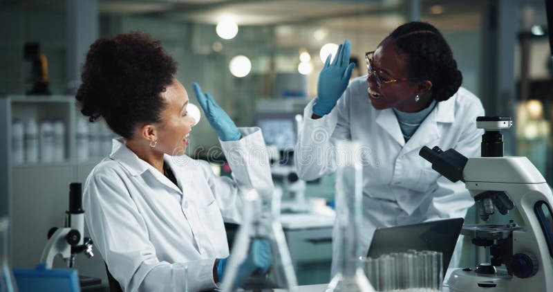 Scientist, Women and High Five with Microscope for Celebration, Experiment and Pathology ...