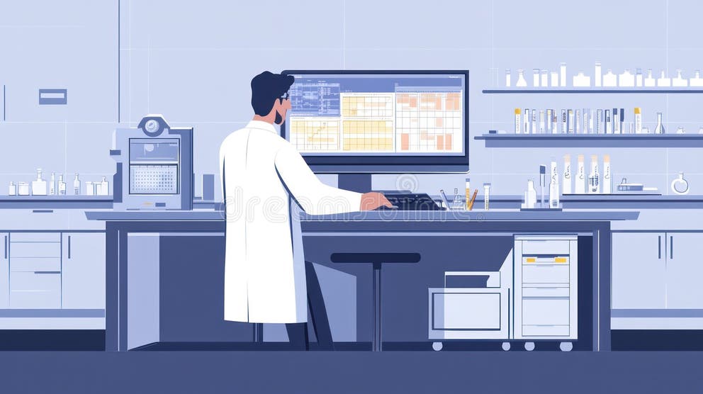 Scientist Working at a Computer in a Lab Setting Stock Illustration ...