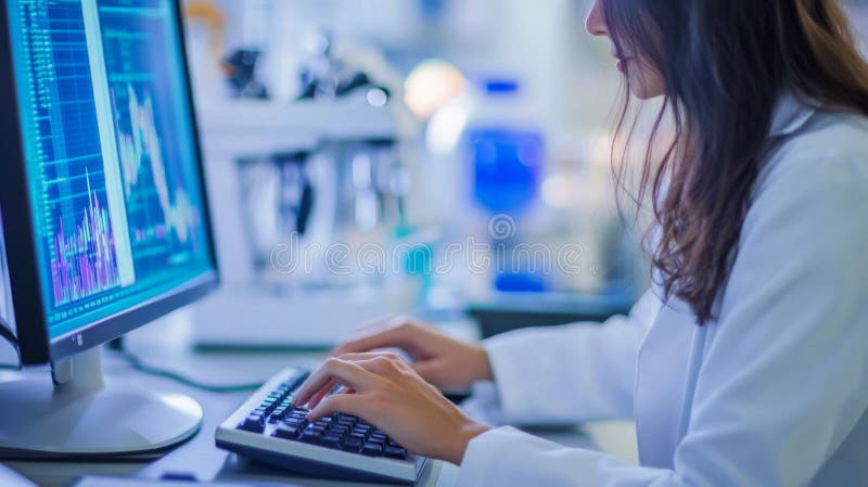 Scientist Working with Computer in a Laboratory with Equipment and Blue ...