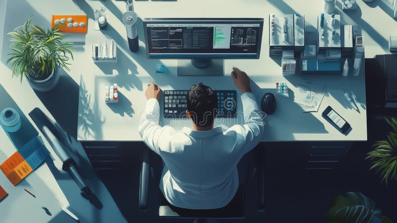 Scientist Working at Computer in Laboratory Setting Stock Illustration ...