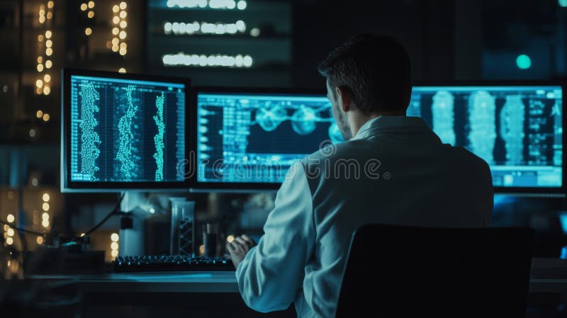 Scientist Working on Computer Monitors in Dark Lab Analyzing Data with ...