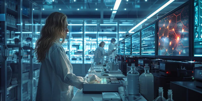 Scientist Working in a Futuristic Laboratory with Digital Screens ... Scientist Working in a Futuristic Laboratory with Digital Screens ...