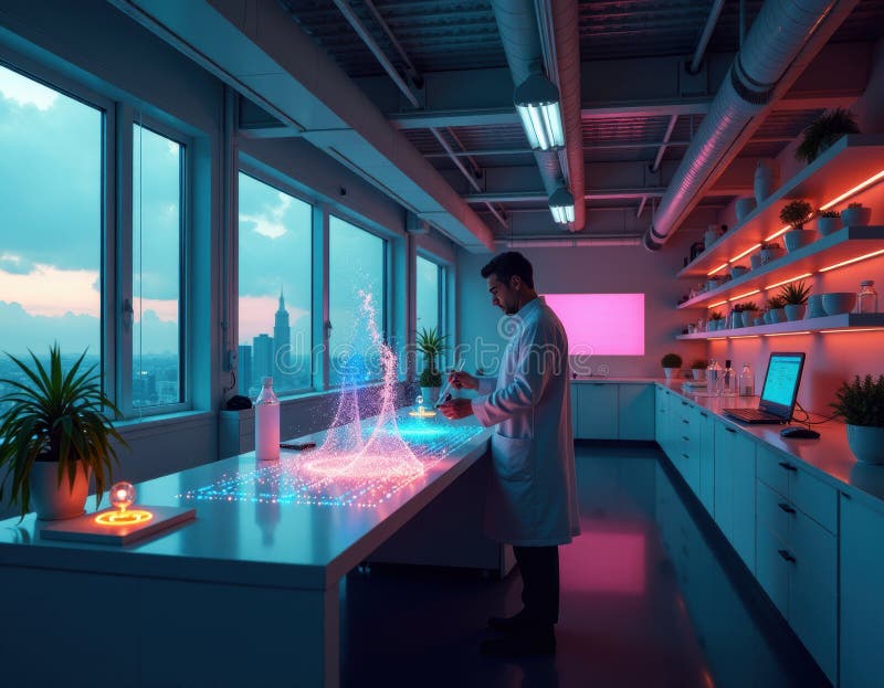 Scientist Working with Holographic Data in Modern Lab at Night Stock ...