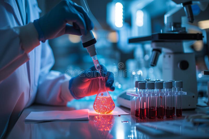 Scientist is Working in a Lab with a Beaker of Red Liquid Stock Photo ...