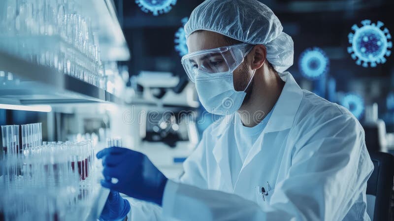 Scientist Working in Laboratory with Tubes, Blurred Virus in Background ...