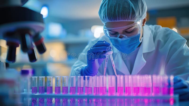 Scientist Working in Laboratory with Tubes, Blurred Virus in Background ...