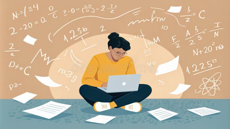 Scientist Working on Laptop Surrounded by Flying Papers and Equations ...