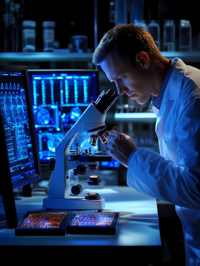Scientist Working with Microscope and Computer in Laboratory at Night ...