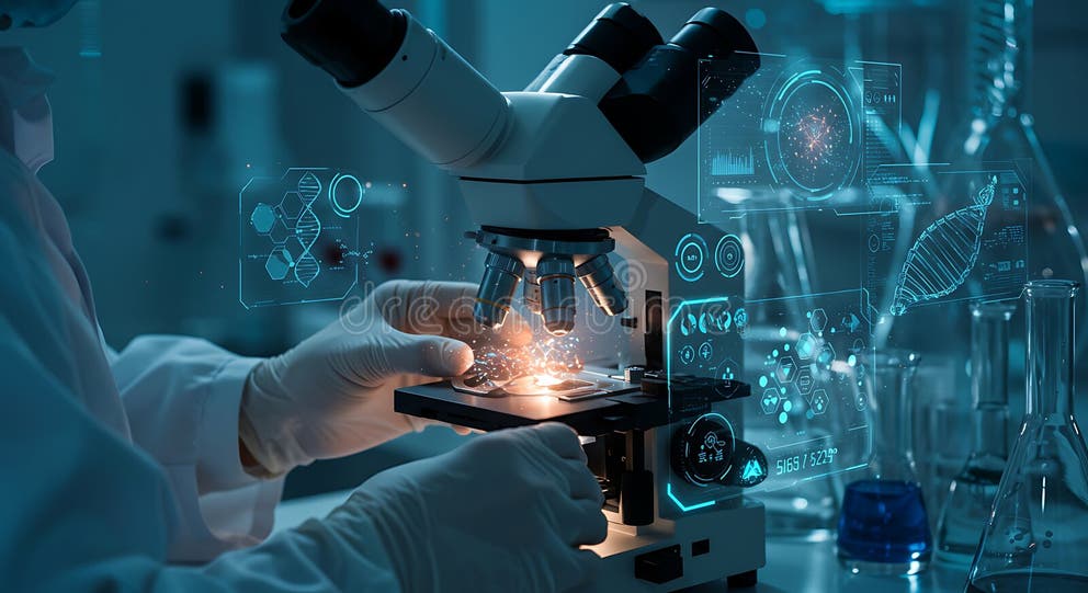 Scientist Working with Microscope and Futuristic Digital Interface in Laboratory Stock ...
