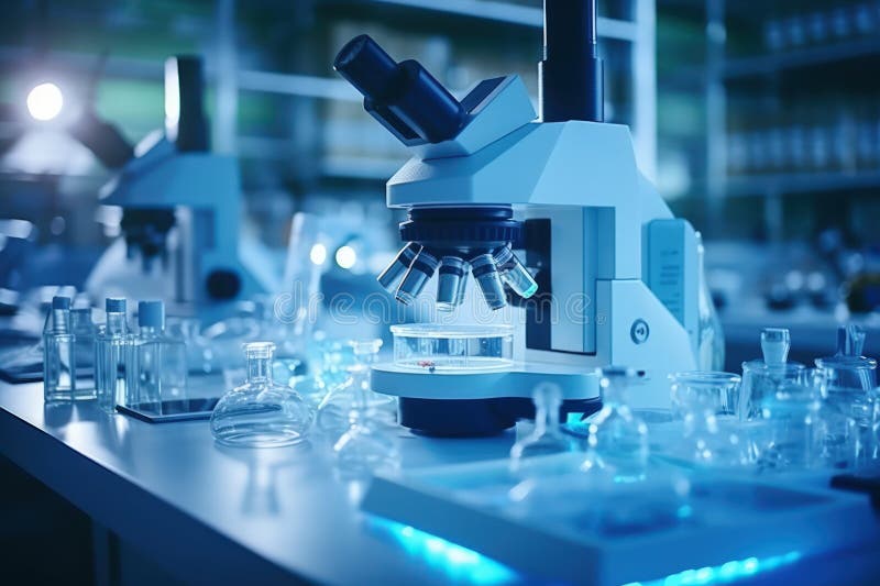 The Scientist is Working with a Microscope in the Laboratory Stock ...