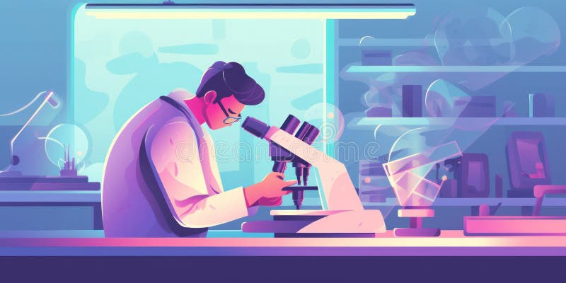 Scientist Working with Microscope in Laboratory. Illustration in Flat ...