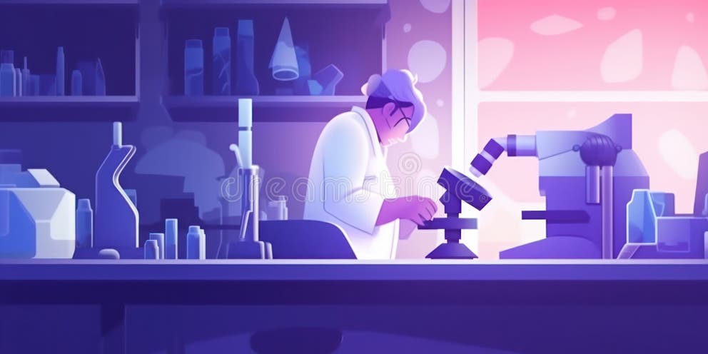 Scientist Working with Microscope in Laboratory at Night. Flat Style ...