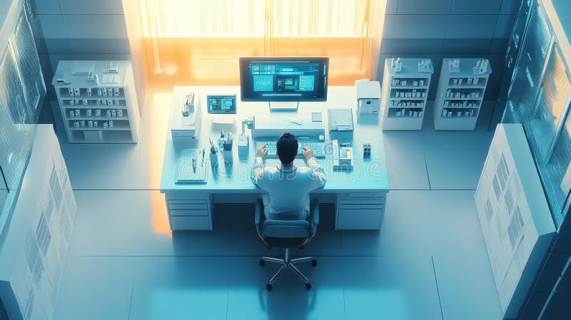 Scientist Working at a Modern Laboratory Desk Stock Illustration ...