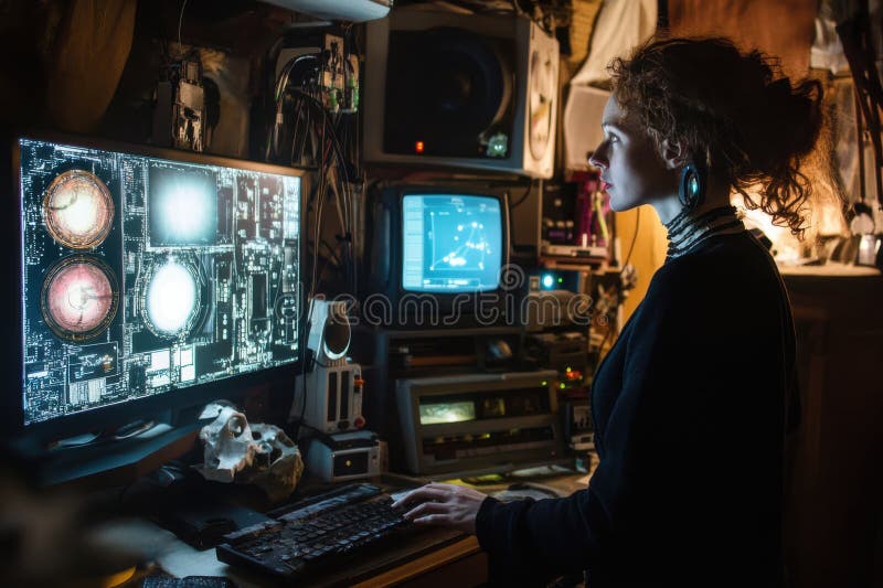 Scientist Working with Vintage Computer and Futuristic Software ...
