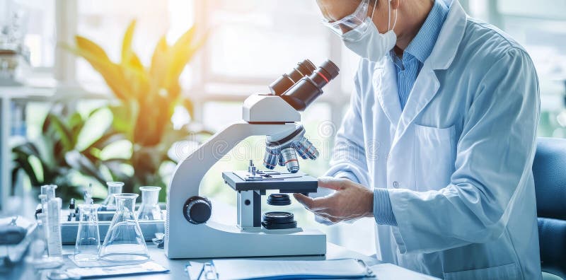 A Scientist Works with a Microscope in a Laboratory Close Up, Doing ...