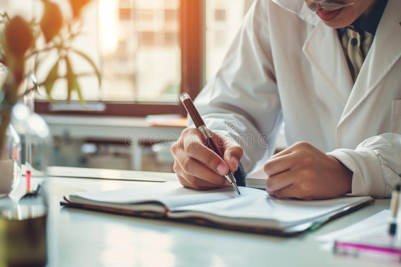 Scientist Writing Results in a Lab Notebook in a Laboratory, Bright ...