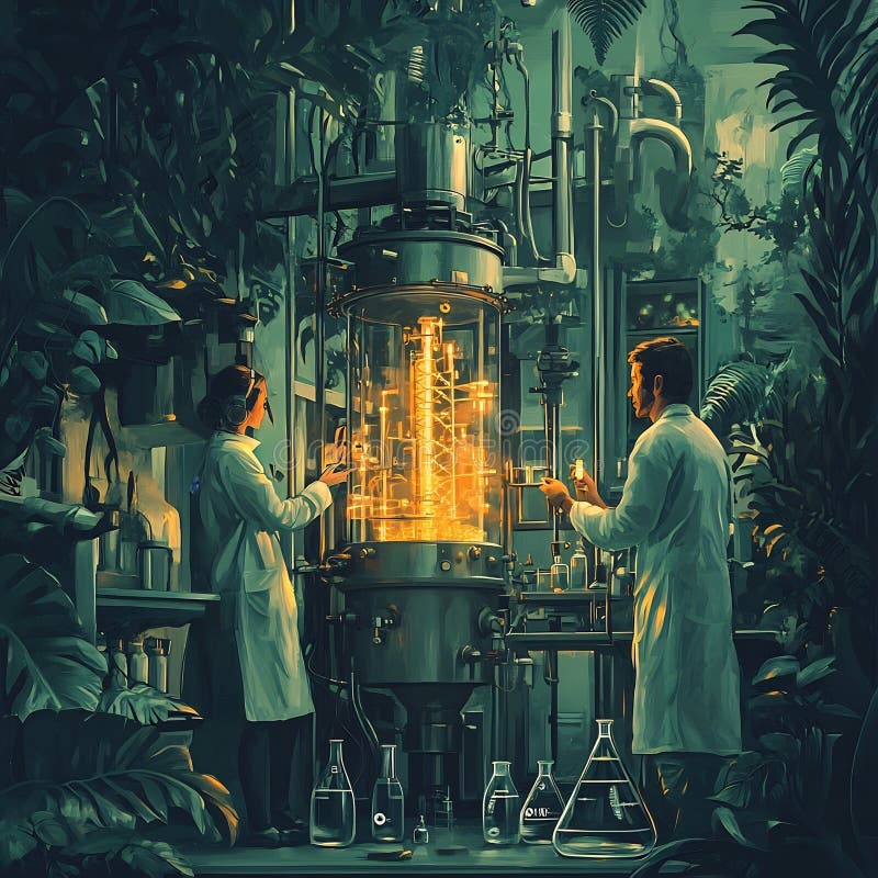 Scientists Analyzing Bioreactor in Jungle Themed Laboratory with ...