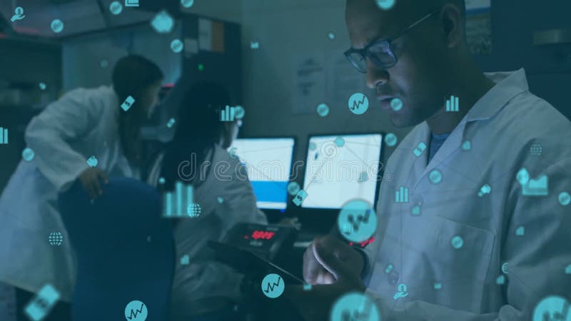 Scientists Analyzing Data with Digital Analytics Animation Overlay in Laboratory Stock Video ...